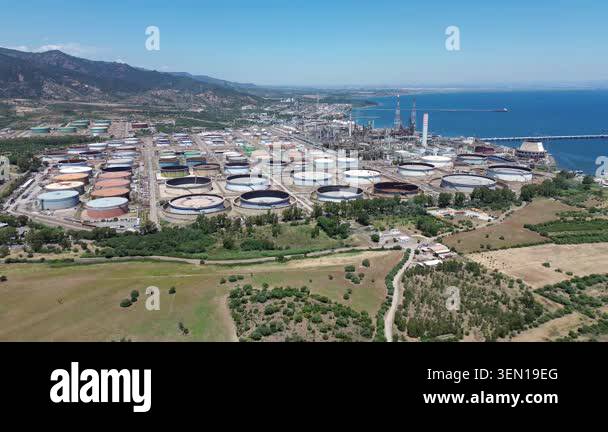 Oil Refinery and Storage Tanks Along the Coast of Sardinia,Aerial View ...