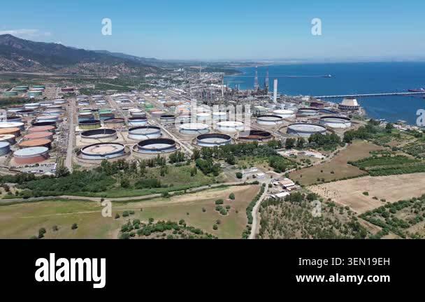 Oil Refinery and Storage Tanks Along the Coast of Sardinia,Aerial View ...