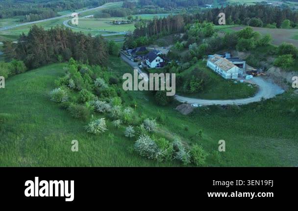 Aerial Footage of Rural Residential Area with House Under Construction ...