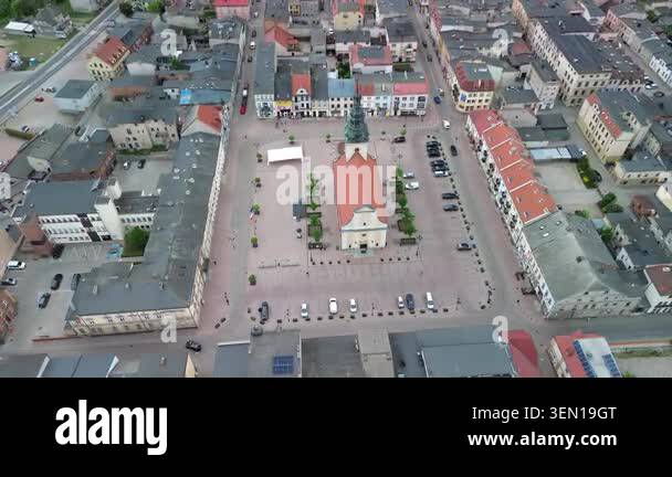 Aerial Footage of Historic Town Square with Church and Surrounding ...