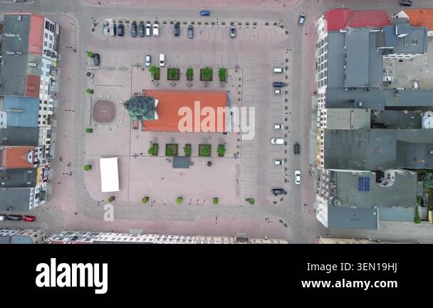 Aerial Footage of Historic Town Square with Church and Surrounding ...