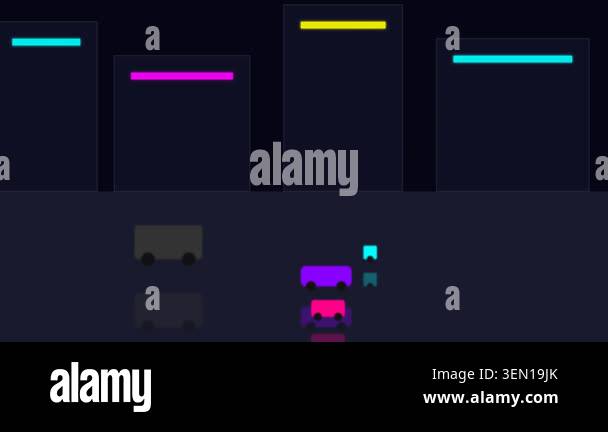 A sequence of neon lights in a dark room with colorful bars and shapes ...