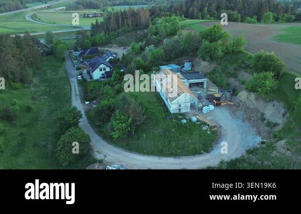 Aerial Footage of Rural Residential Area with House Under Construction ...