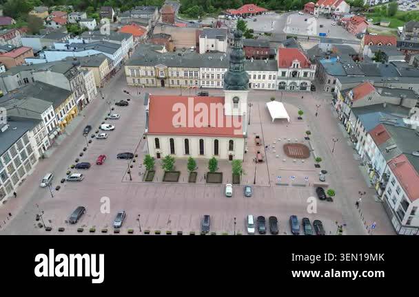 Aerial Footage of Historic Town Square with Church and Surrounding ...