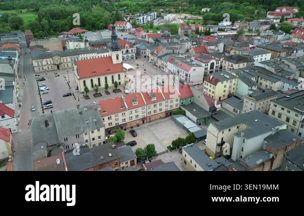 Aerial Footage of Historic Town Square with Church and Surrounding ...