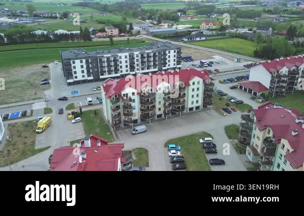 Aerial Footage of Modern Residential Apartment Complex with Parking ...