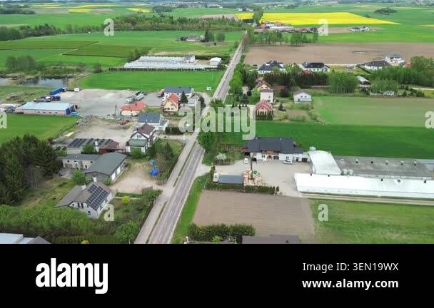 Aerial Footage of Rural Residential Area with Crossroads and Farmland ...