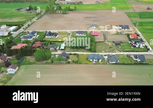 Aerial Footage of Rural Residential Area with Crossroads and Farmland ...