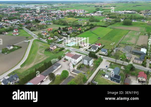 Aerial Footage of Rural Residential Area with Crossroads and Farmland ...