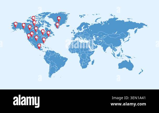 World map silhouette with multiple red location pins clustered across ...