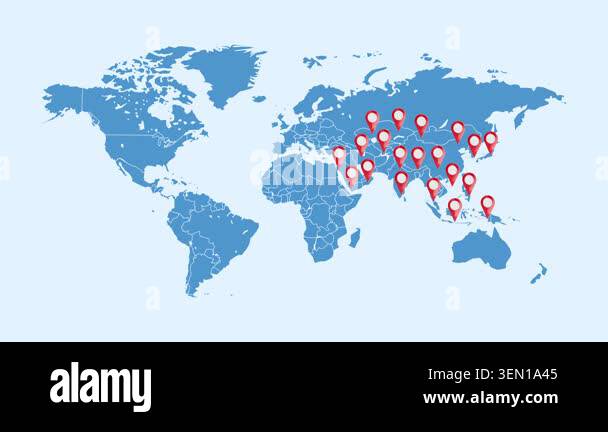 Animated world map with multiple red location pins popping up across ...