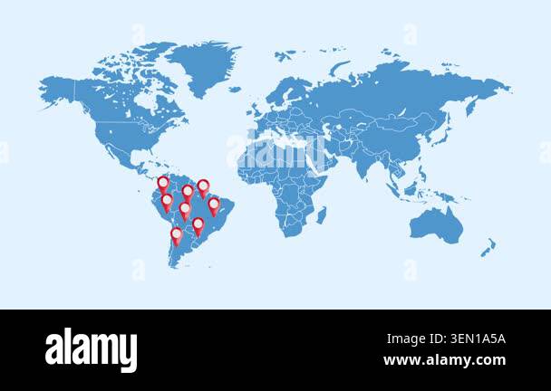 Animated world map with multiple red location pins popping up across ...