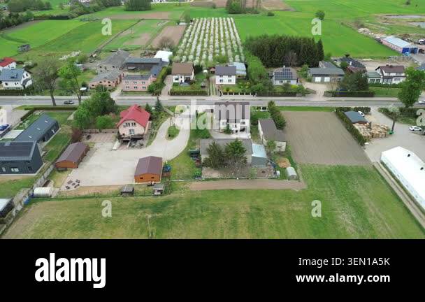 Aerial Footage of Rural Residential Area with Crossroads and Farmland ...
