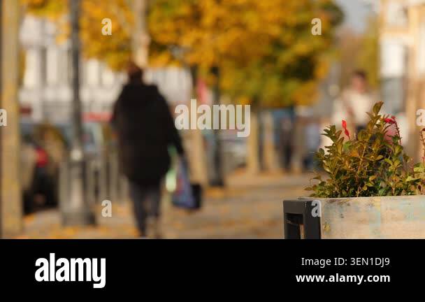 The blurred silhouettes of pedestrians can be seen strolling down the ...