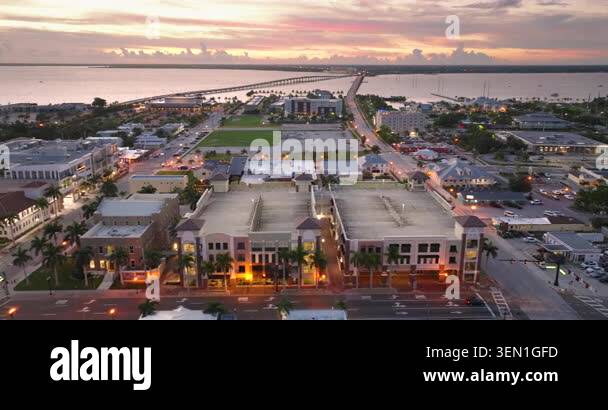 Scenic evening view of downtown Punta Gorda, Florida with illuminated ...