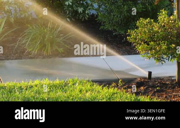 Irrigation lawn sprinkler spreading water over backyard grass in dry ...