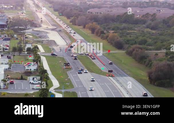 Roadworks construction site on American highway. Development of city ...