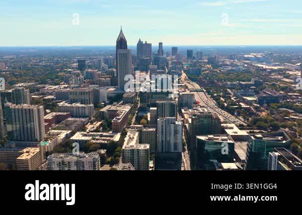 Atlanta city landscape with tall skyscraper buildings and roads with ...