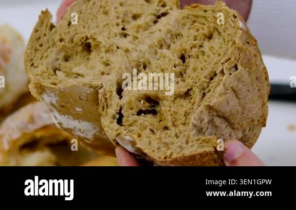 A freshly baked dark bread loaf is cut open by male hands revealing a ...