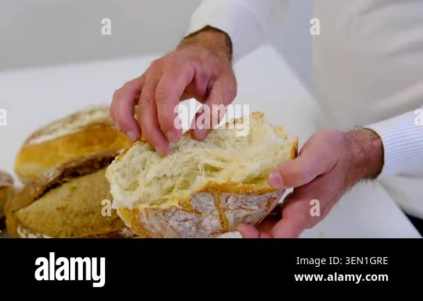 A man gently tears apart a round white bread loaf revealing its soft ...