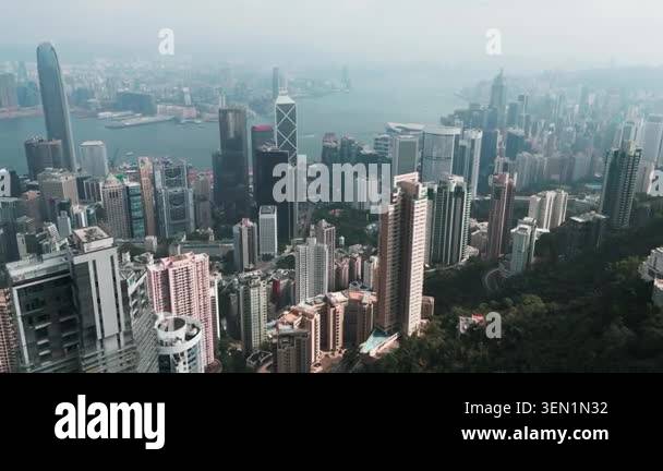 Aerial scenic drone footage of downtown Hong Kong viewed from Victoria ...
