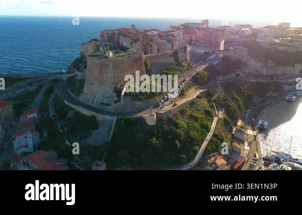Fly Around Of Ancient Tower Of Bonifacio Fortress At Corsica 4K Video ...