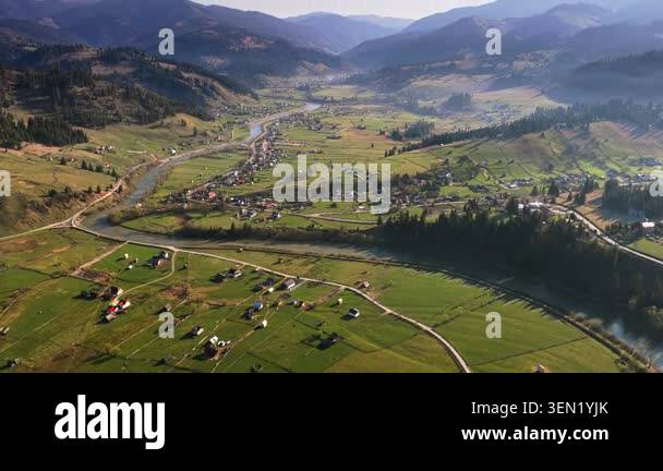 Aerial drone view of Ciocanesti area in Bucovina, Romania, showcasing ...