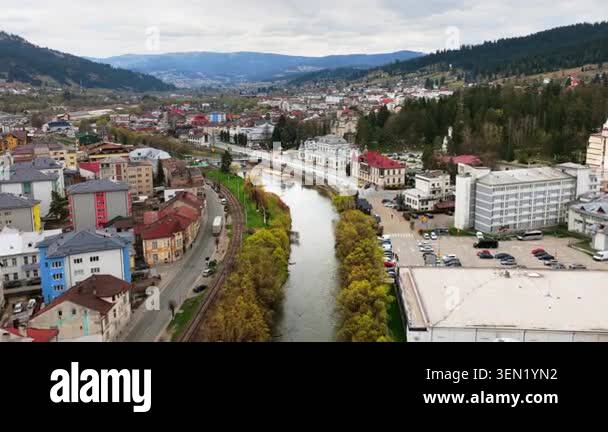 Vatra Dornei, Romania - April 27, 2026: Aerial drone view of the city ...
