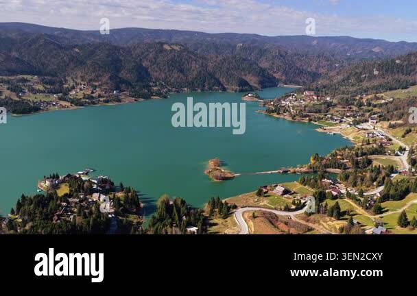 Aerial drone view of the Colibita lake with multiple inlets and ...