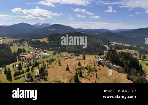 Aerial drone view of the Carpathian Mountains near Mestecanis Pass ...