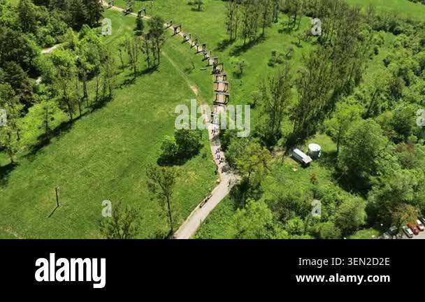 Aerial drone view of a wooden walkway across a green meadow with ...