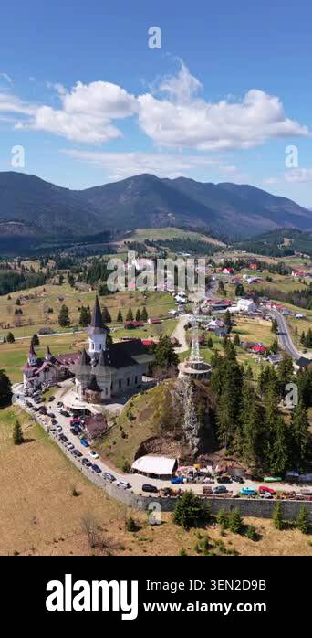 Aerial drone view of the monastery complex in Dorna Arini, featuring ...