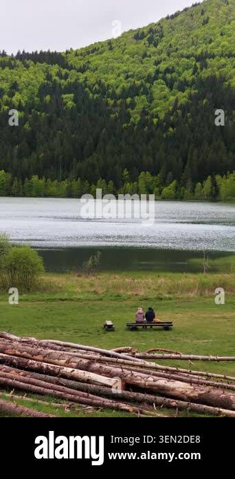Aerial drone view of a crater lake shore with timber logs and a bench ...