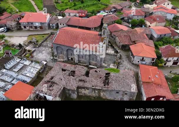 Aerial view of the medieval church of Santa Marina de Augas Santas, a ...