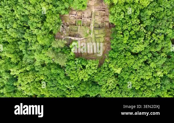 Aerial top down view of the Castro de Armea, an ancient hillfort ruin ...