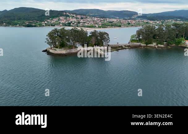 Scenic aerial view of the islands of san simon and san anton in the ria ...