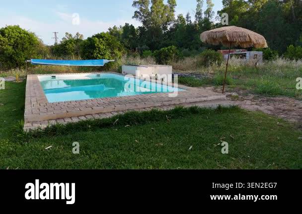 Tranquil rectangular swimming pool surrounded by a brick deck in a lush ...