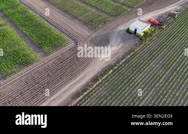 Aerial perspective of extensive agricultural fields with various crops ...