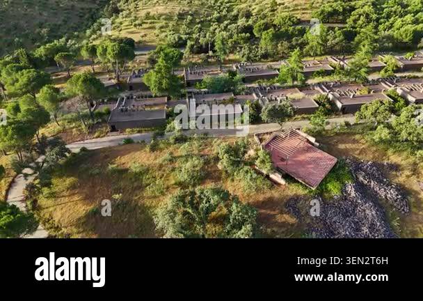 Aerial view of an abandoned holiday village in Cazalla de la Sierra ...