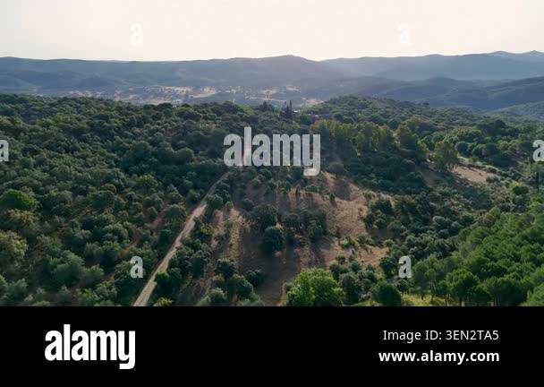 Majestic aerial view revealing the Cartuja de Cazalla, a historic ...
