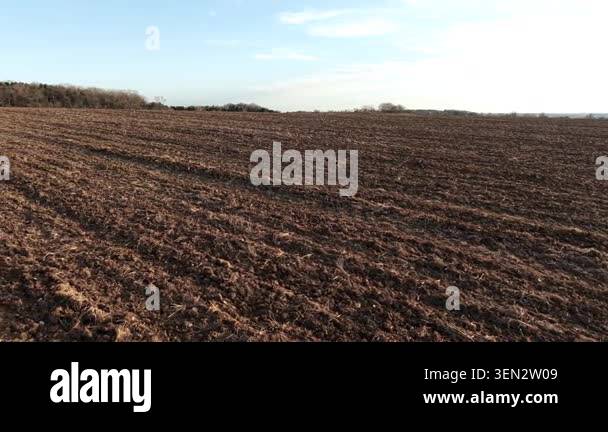 Plowed field brown soil with rough texture across farmland and low tree ...