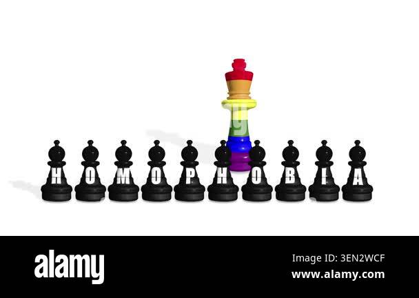 Chess made from LGBT flag on a white background with word HOMOPHOBIA ...