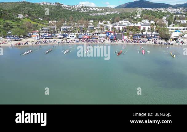Aerial View of Professional Rowing Teams Competing in a Regatta near ...