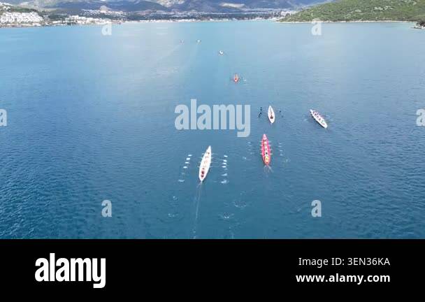 Aerial View of Professional Rowing Teams Competing in a Regatta near ...