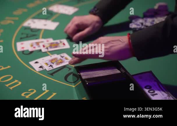 White Dealer Dealing Blackjack Cards And Stacking Chips, Closeup Card ...