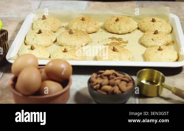 Almond Cookies on Blue Plate Over Woven Placemat Homemade Baked Dessert ...