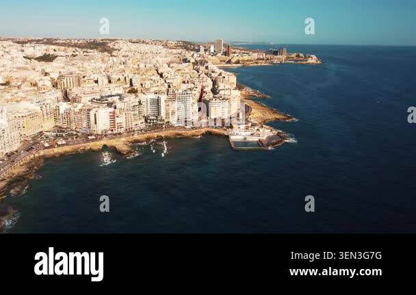 Coastal City Skyline With Waterfront. Aerial Drone Shot Showing Sunlit ...