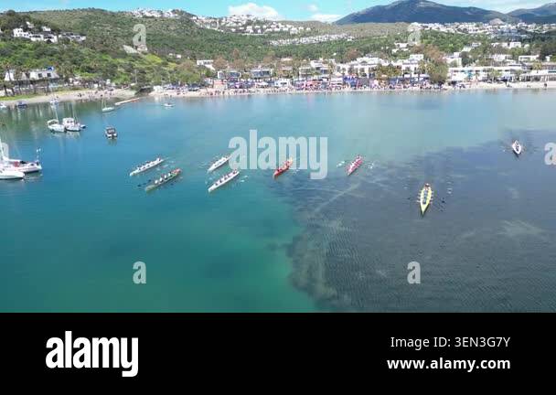 Aerial View of Professional Rowing Teams Competing in a Regatta near ...