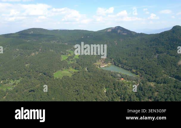 Aerial View of Karagol Lake Surrounded by Dense Green Pine Forest in ...