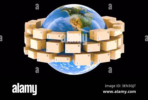 Earth Globe surrounded by parcels, cardboard shipping boxes rotation ...